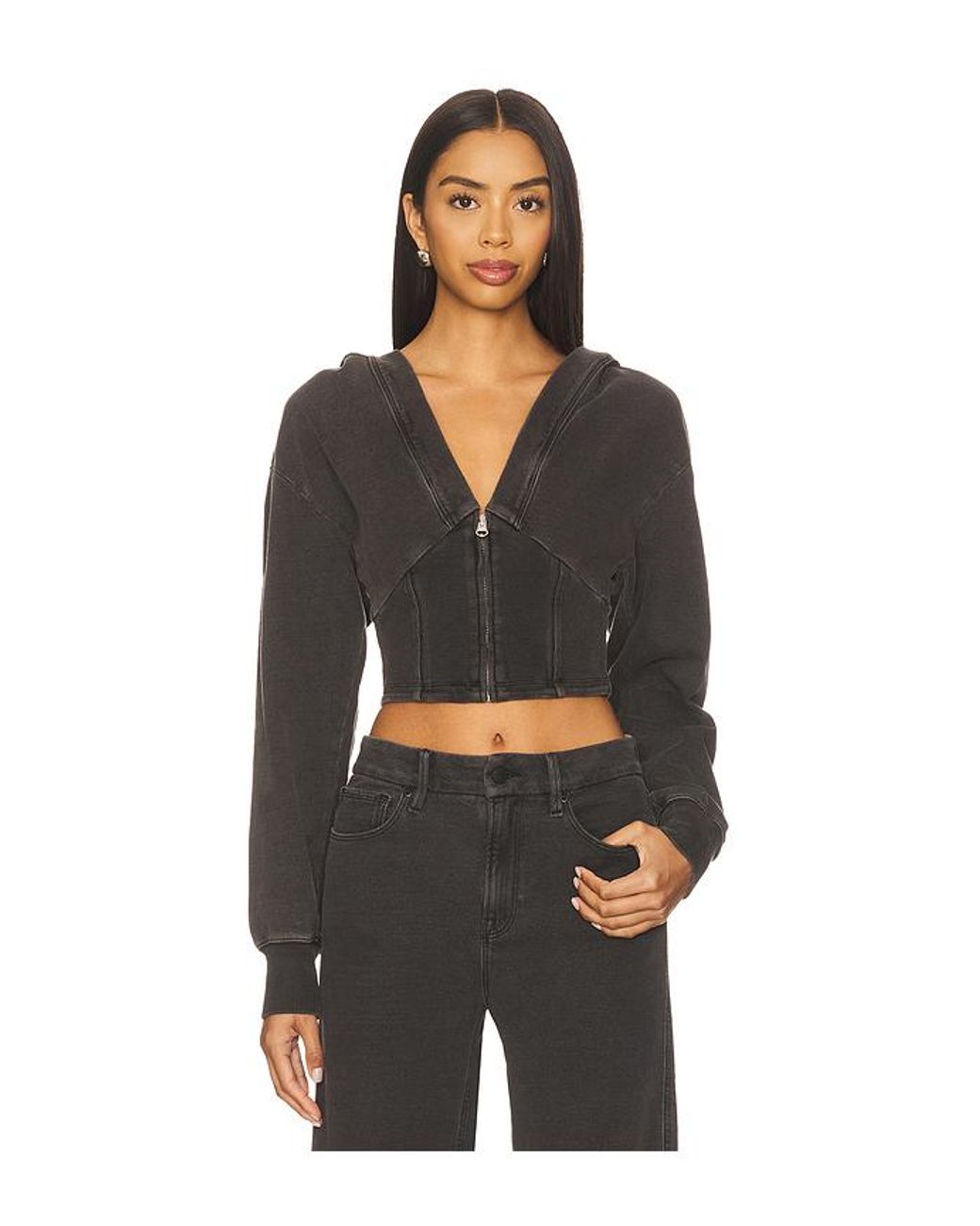 GOOD AMERICAN Jeanius Zip Up Hoodie in Black | Lyst UK