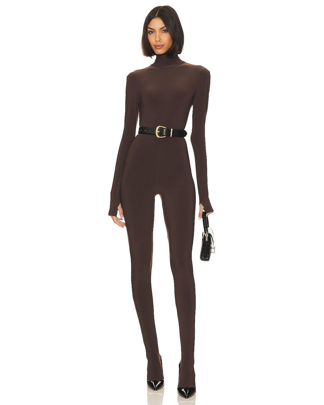 Norma Kamali Slim Fit Turtle Catsuit With Footsie in Brown | Lyst