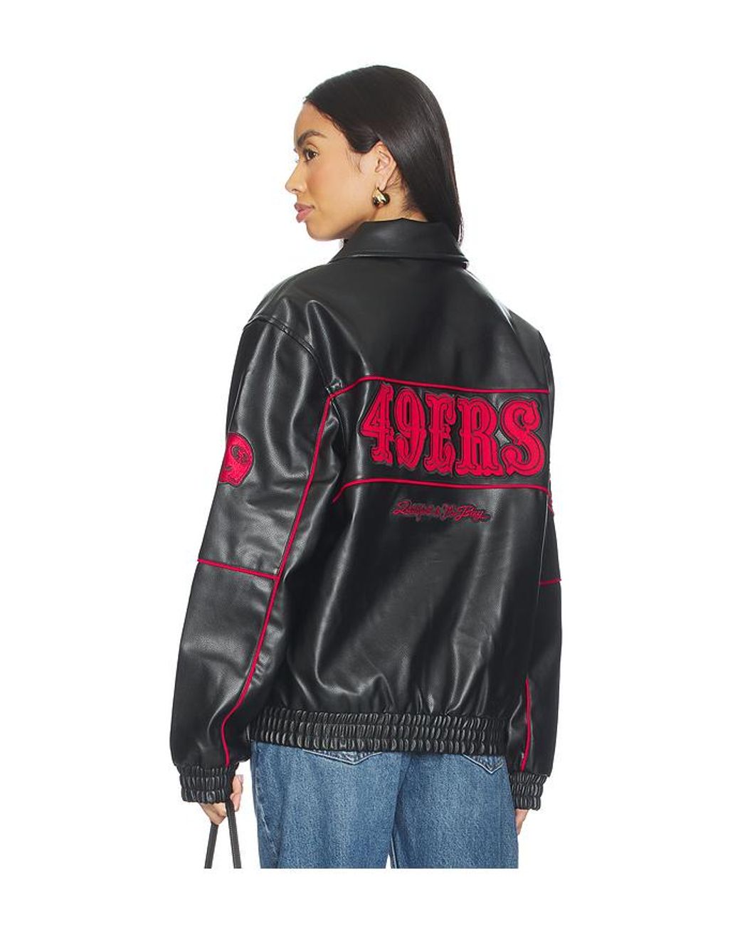 The Wild Collective 49ers Faux Leather Racing Jacket in Black | Lyst