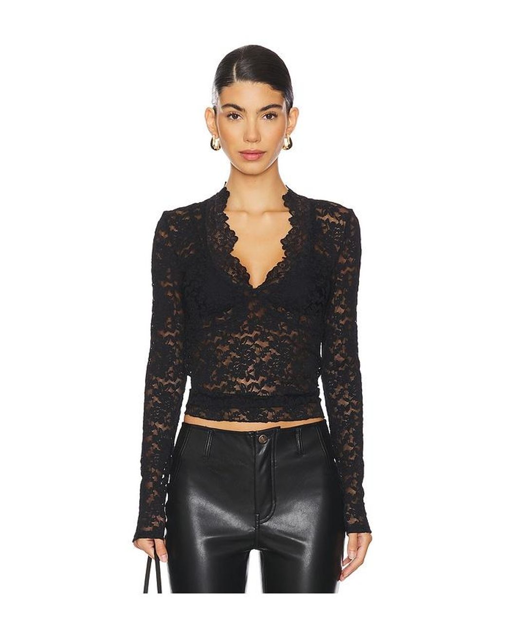 Free People Lace Long Sleeve Sheer Top in Black | Lyst