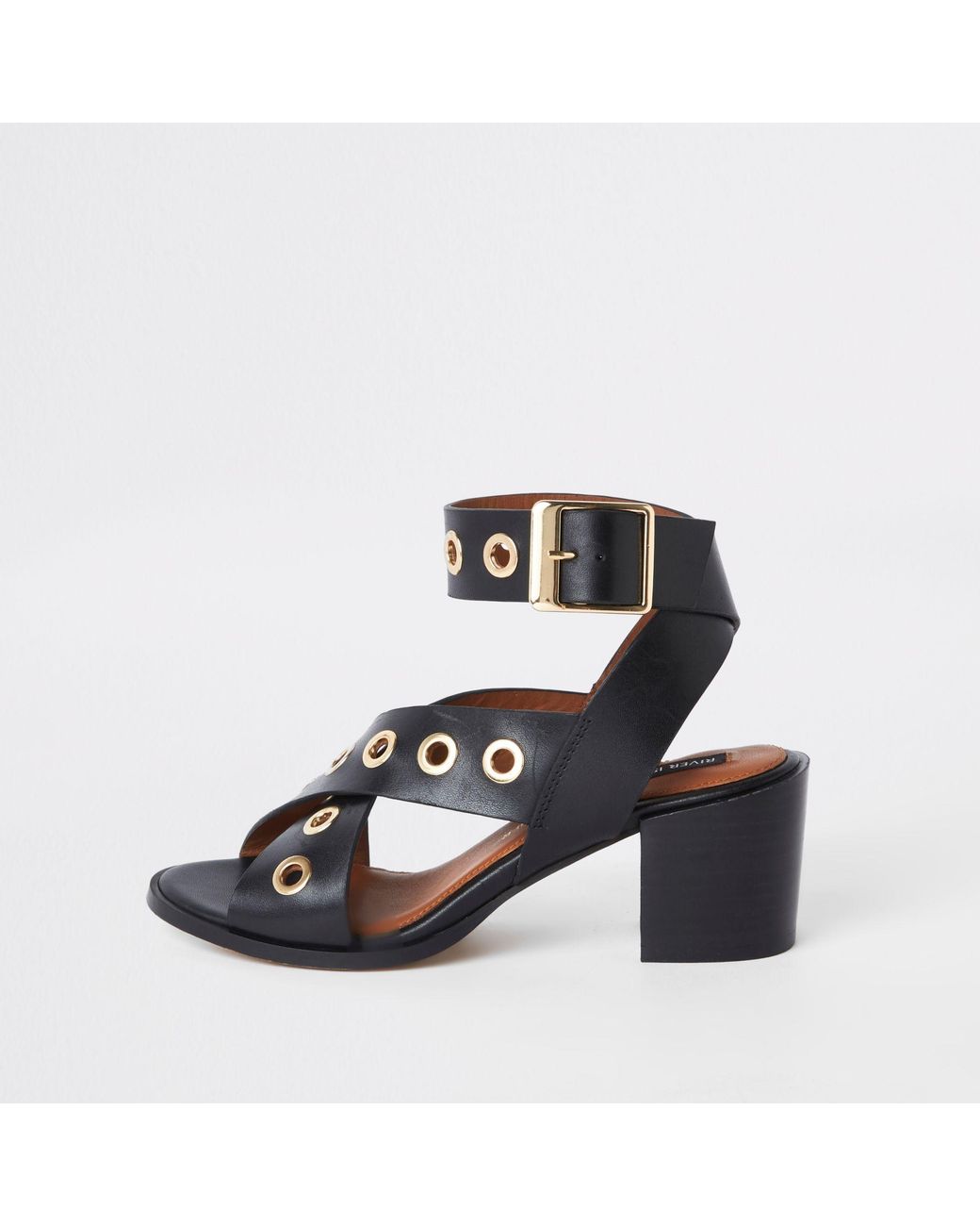 River Island Leather Eyelet Block Heel Sandals In Black Lyst