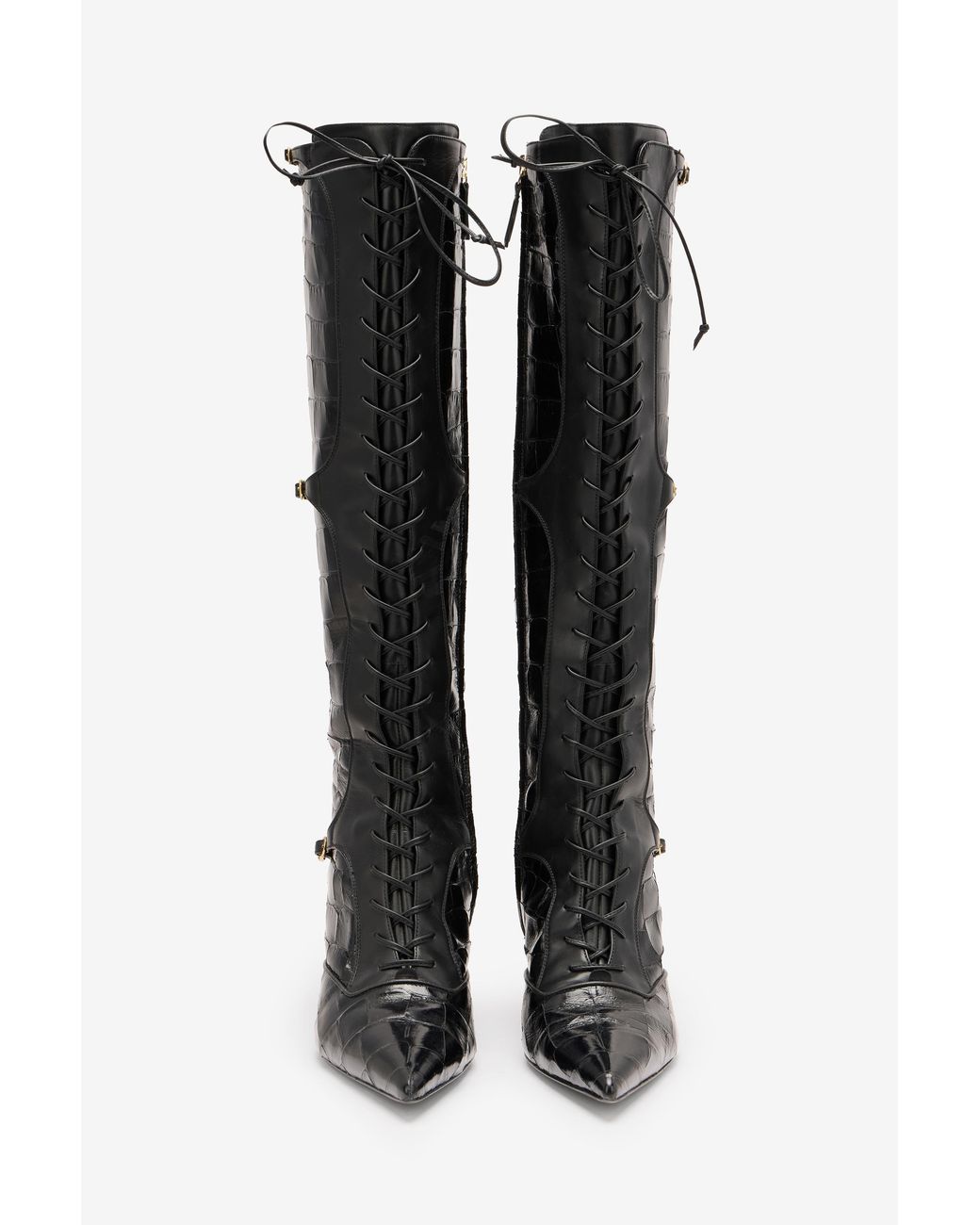 Roberto Cavalli Pointed Lace-Up Boots With Crocodile Effect in Black | Lyst