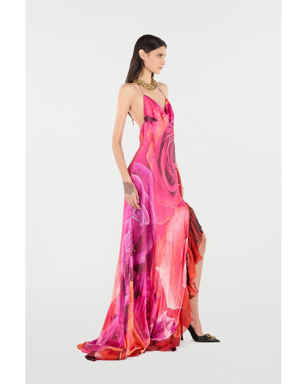 Roberto Cavalli Dress With Rose Print And Flounces in Red | Lyst