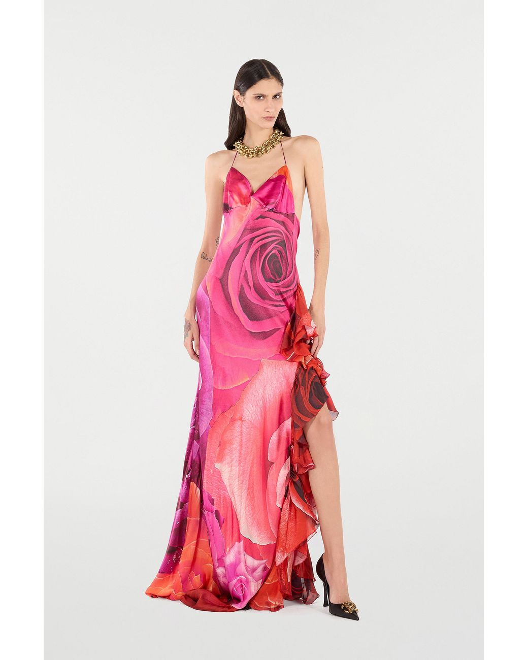 Roberto Cavalli Dress With Rose Print And Flounces in Red | Lyst