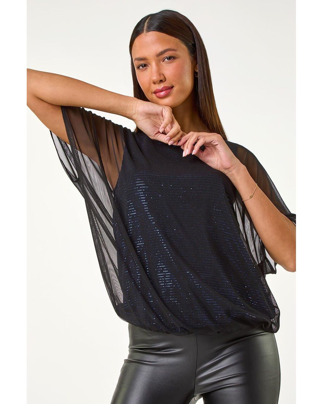 Roman Sequin Mesh Overlay Bubble Hem Top in Black | Lyst UK