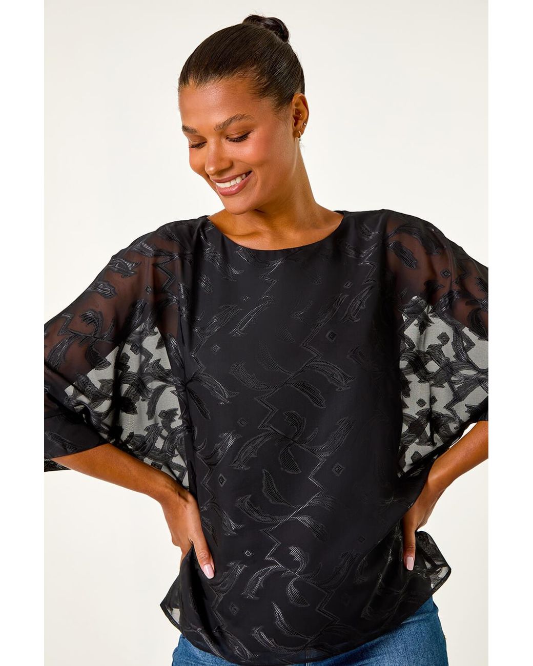 Roman Zig Zag Burnout Overlay Tunic Top in Black | Lyst UK
