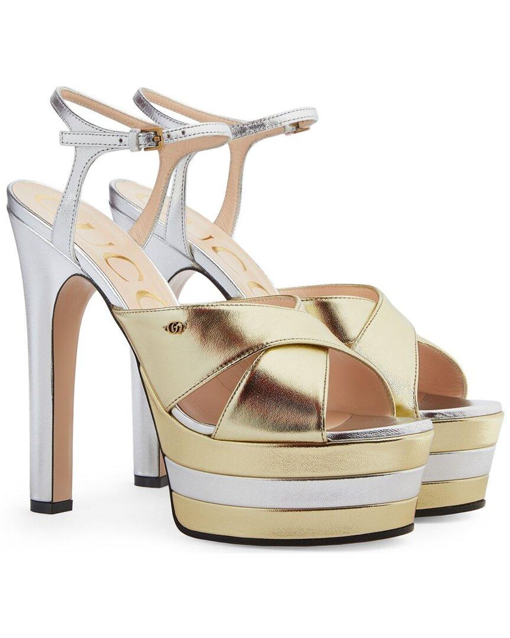 Gucci Metallic Leather Platform Sandal in White | Lyst