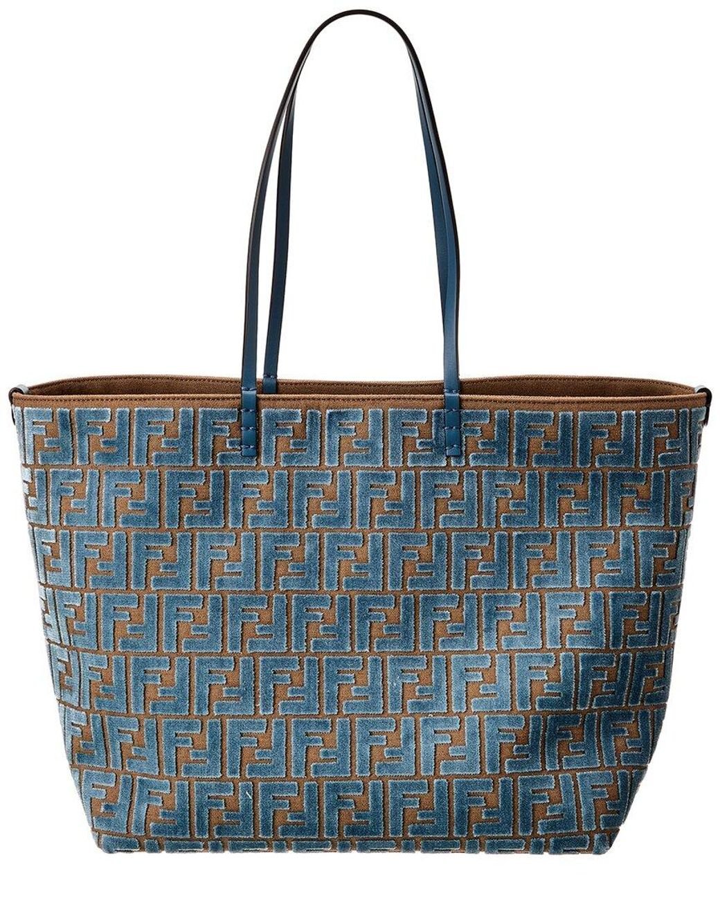 Fendi Roll Large Ff Jacquard Velvet & Leather Tote in Blue | Lyst