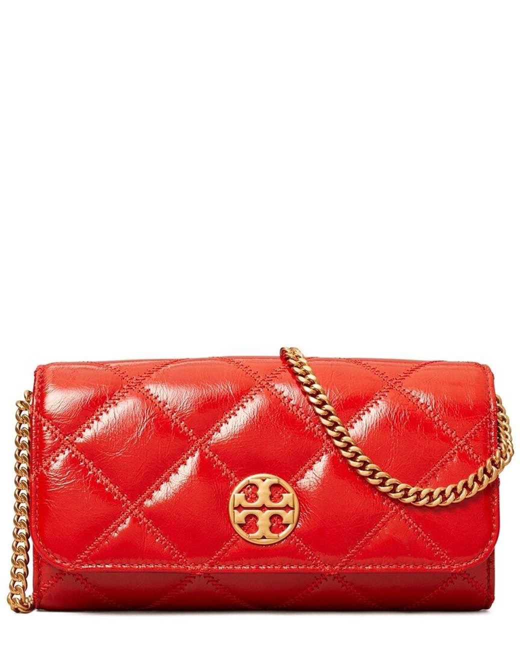 Tory Burch Willa Shine Leather Chain Wallet in Red | Lyst