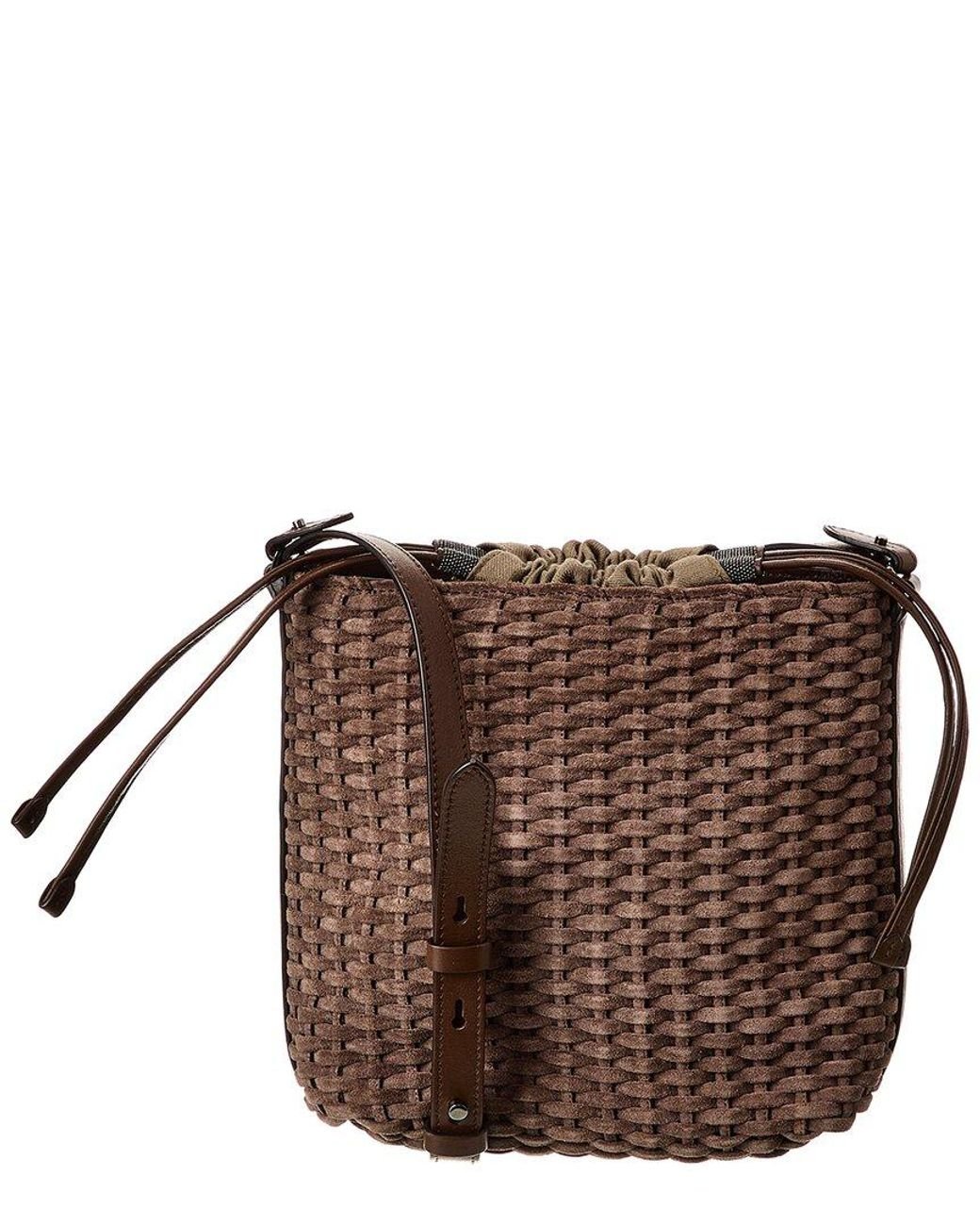 Brunello Cucinelli Woven Suede Bucket Bag in Brown | Lyst