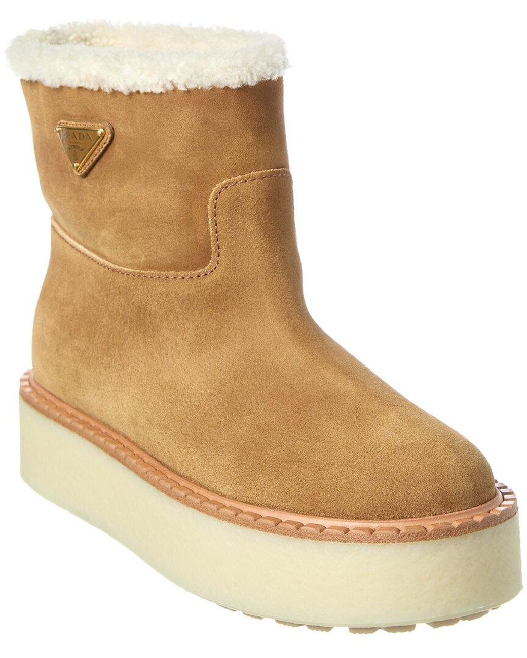 Prada Logo Suede & Shearling Platform Boot in Natural | Lyst