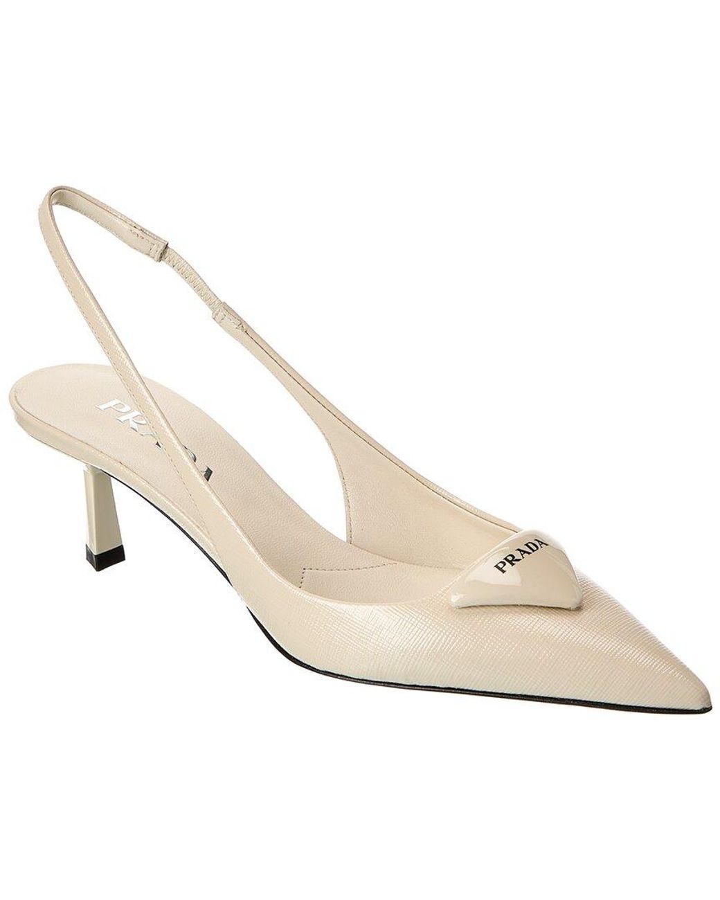 Prada Logo Patent Saffiano Slingback Pointy-Toe Pump in White | Lyst
