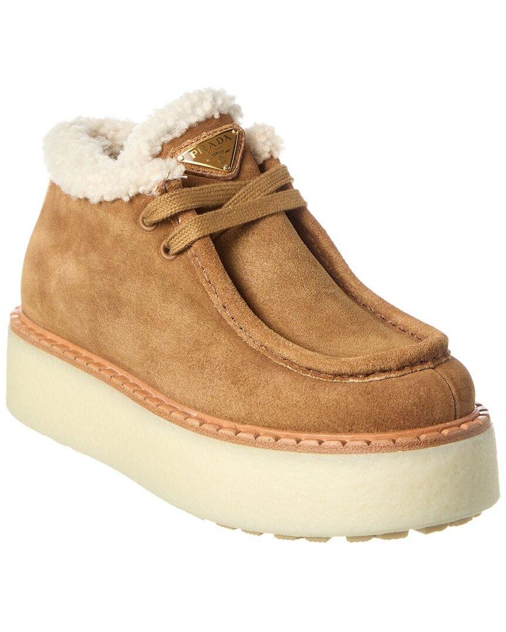 Prada Logo Suede & Shearling Platform Chukka Bootie in Natural | Lyst