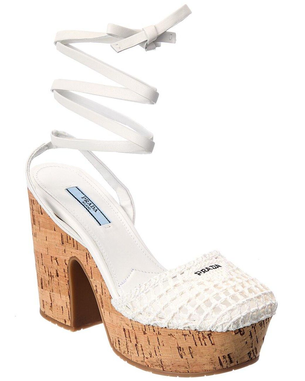 Prada Logo Raffia Platform Sandal in White | Lyst