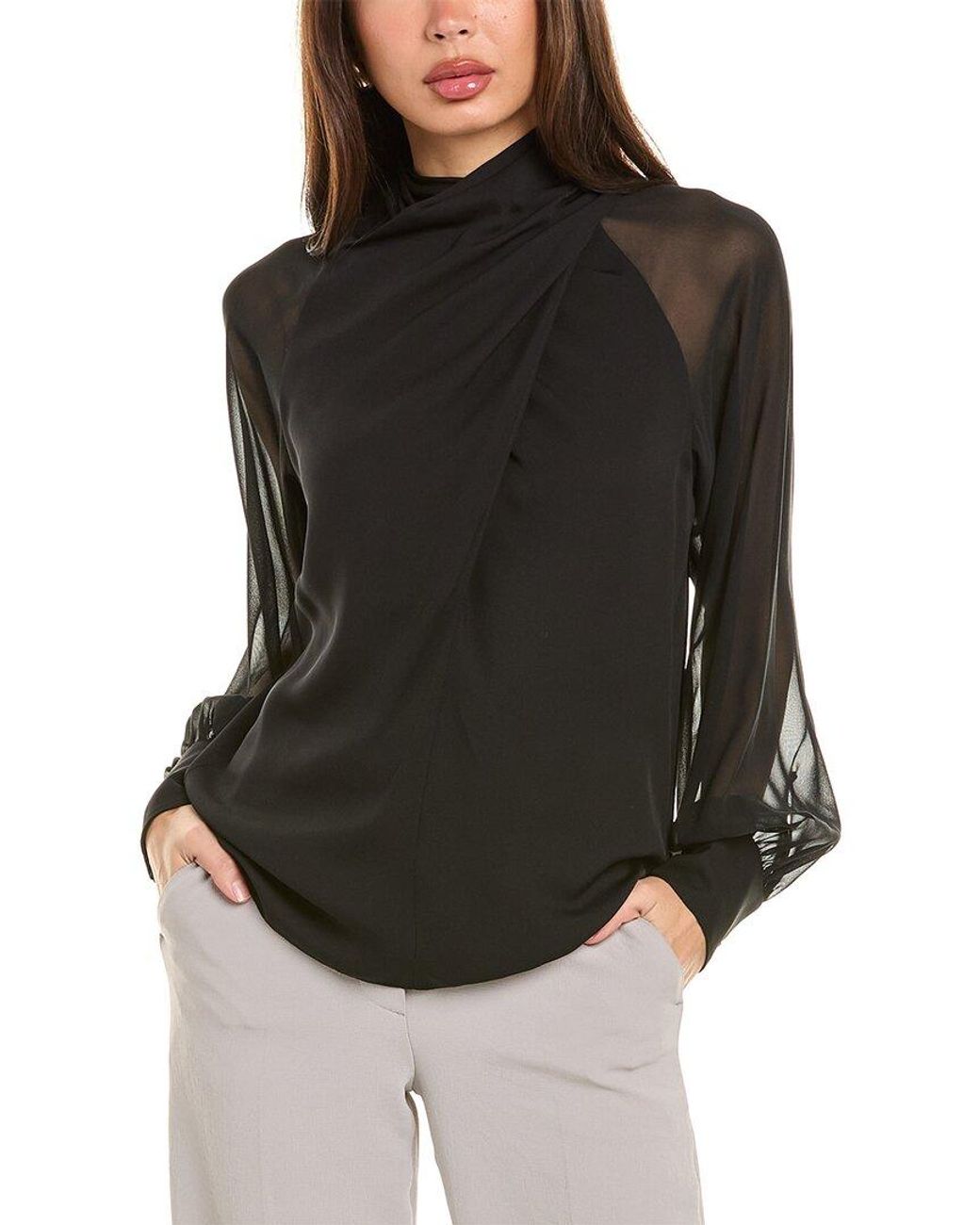 Lafayette 148 New York Sheer Sleeve Crossover Silk Blouse in Black | Lyst