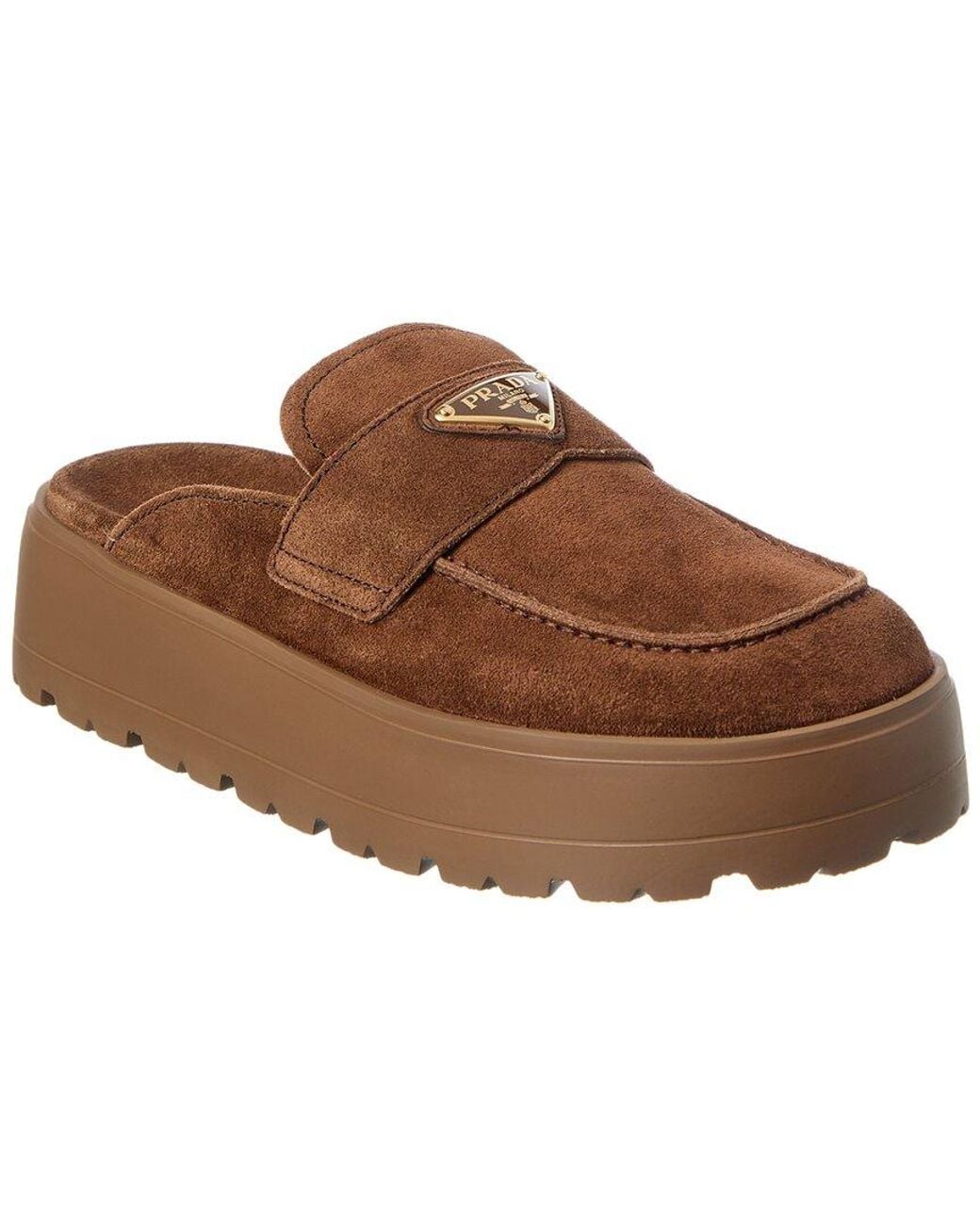 Prada Logo Suede Platform Mule in Brown | Lyst