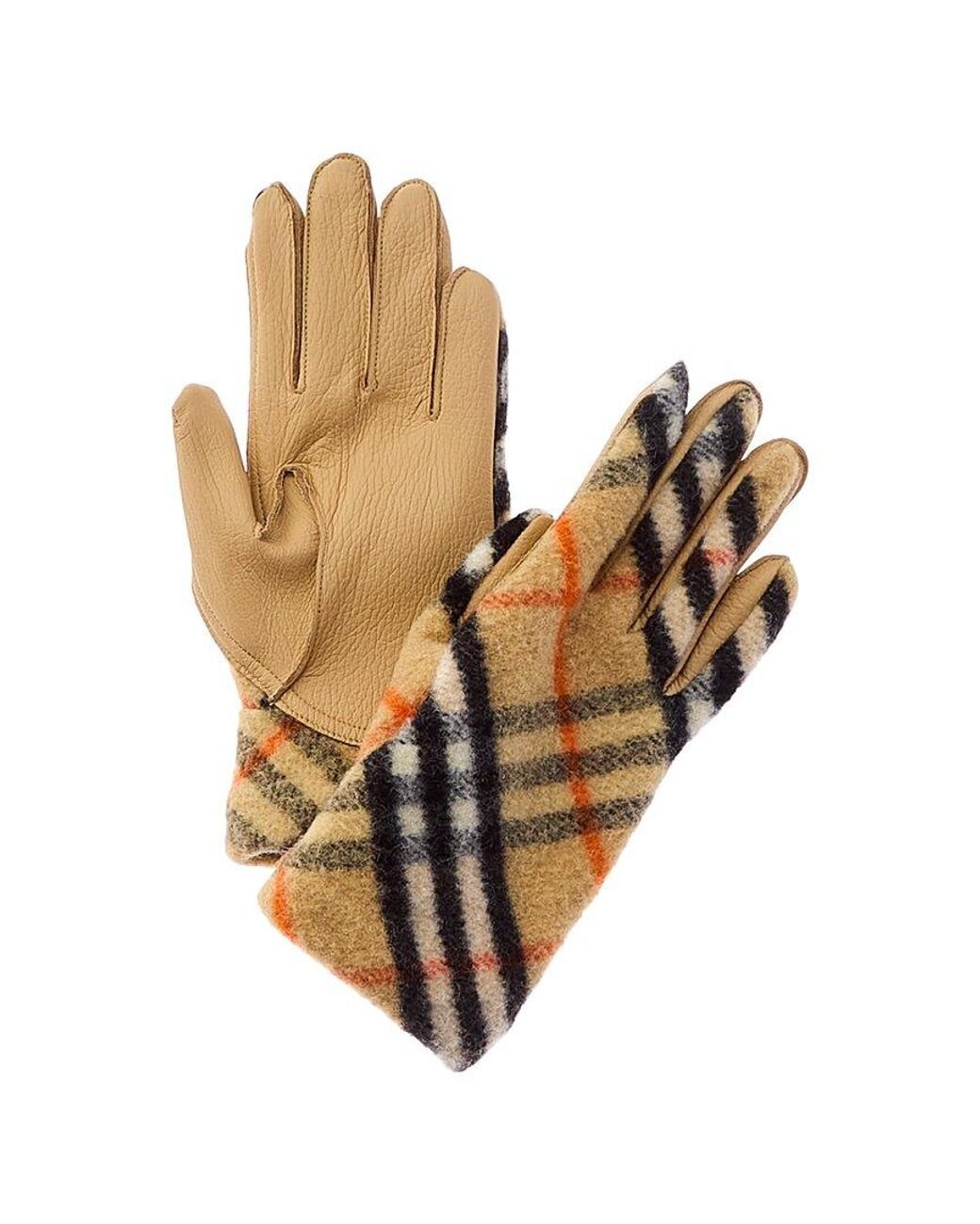 Burberry Check Wool & Leather Gloves in Metallic | Lyst
