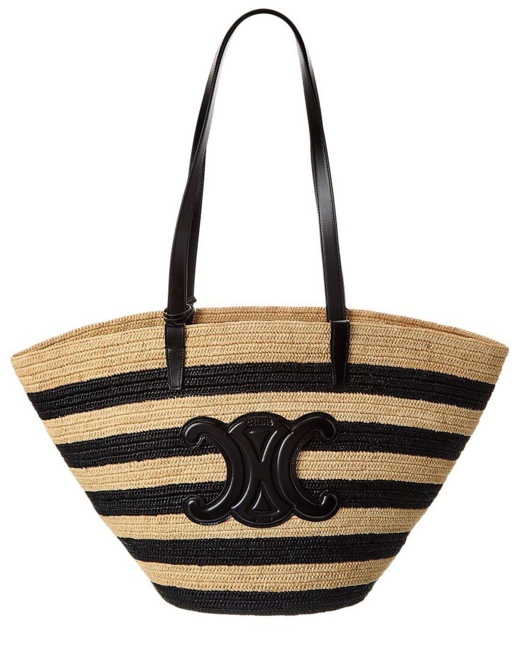 Celine Striped Couffin Raffia & Leather Tote in Black | Lyst