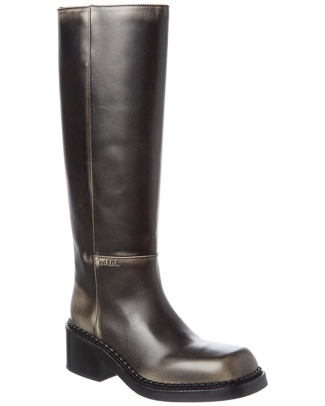 Prada Logo Leather Knee-High Boot in Black | Lyst