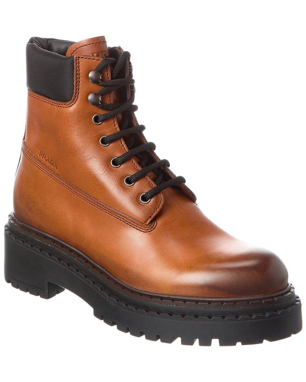 Prada Logo Leather Boot in Brown | Lyst