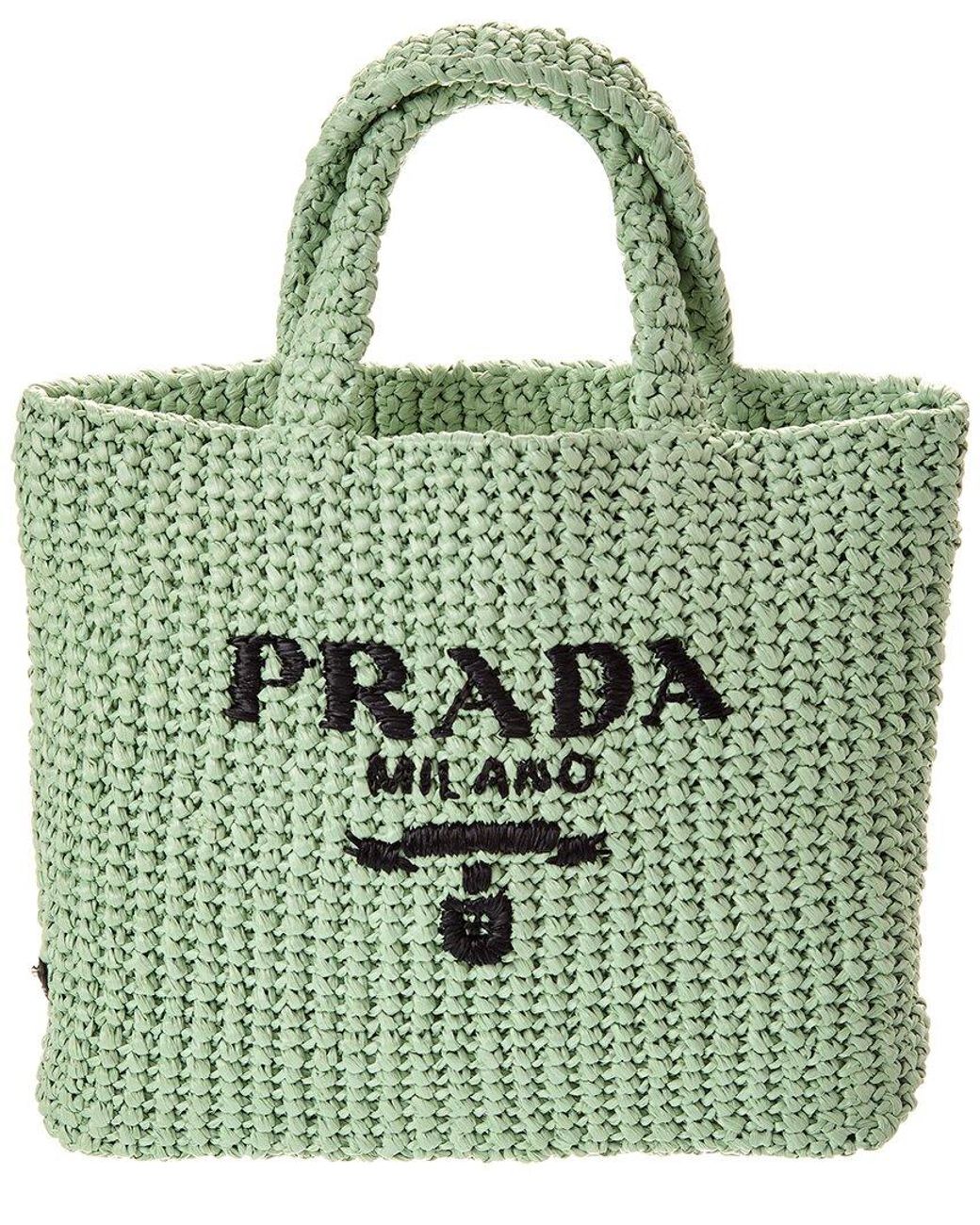 Prada Logo Small Raffia Tote in Green | Lyst