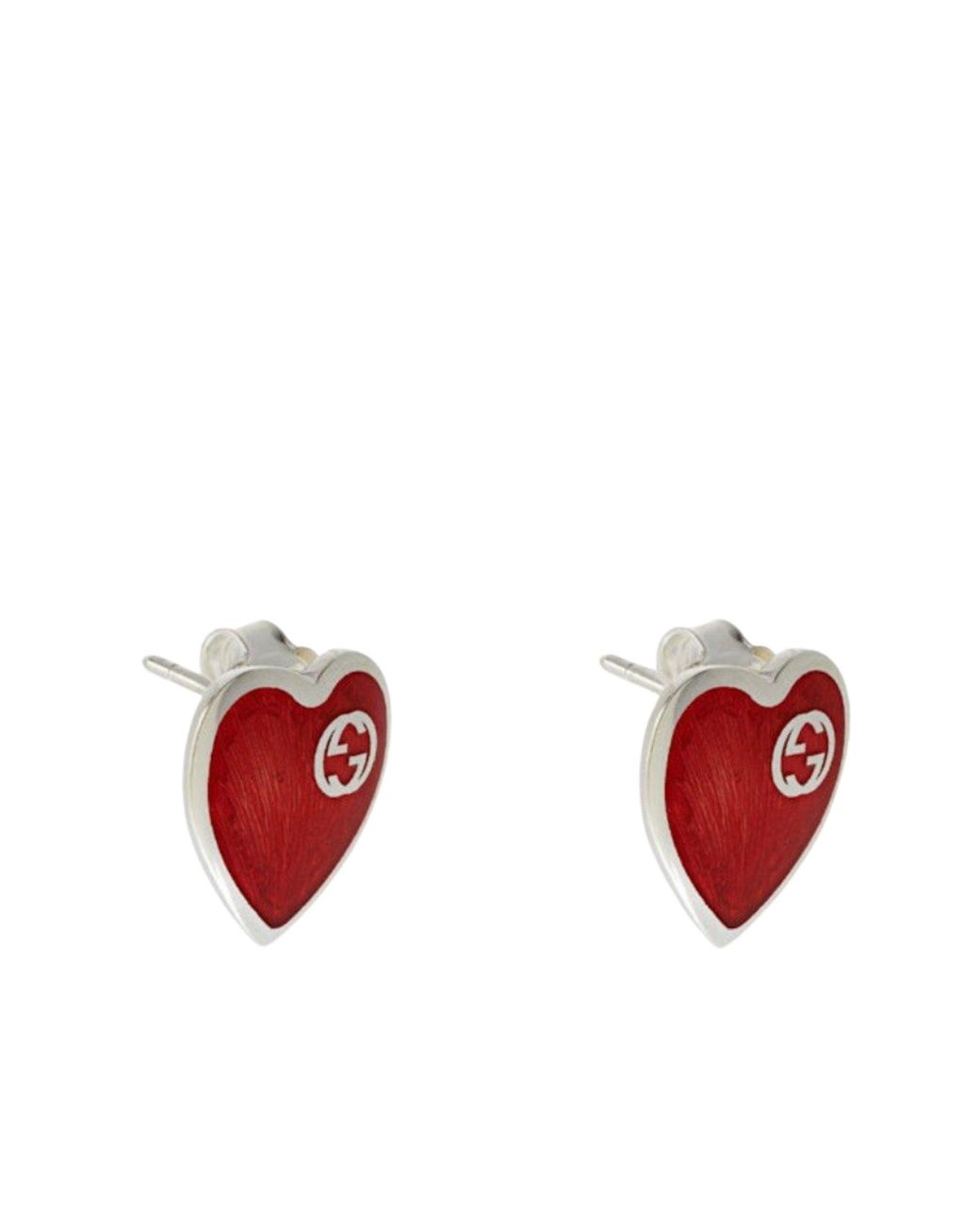 Gucci Interlocking G Heart Stud Earrings In Sterling Silver With Red ...