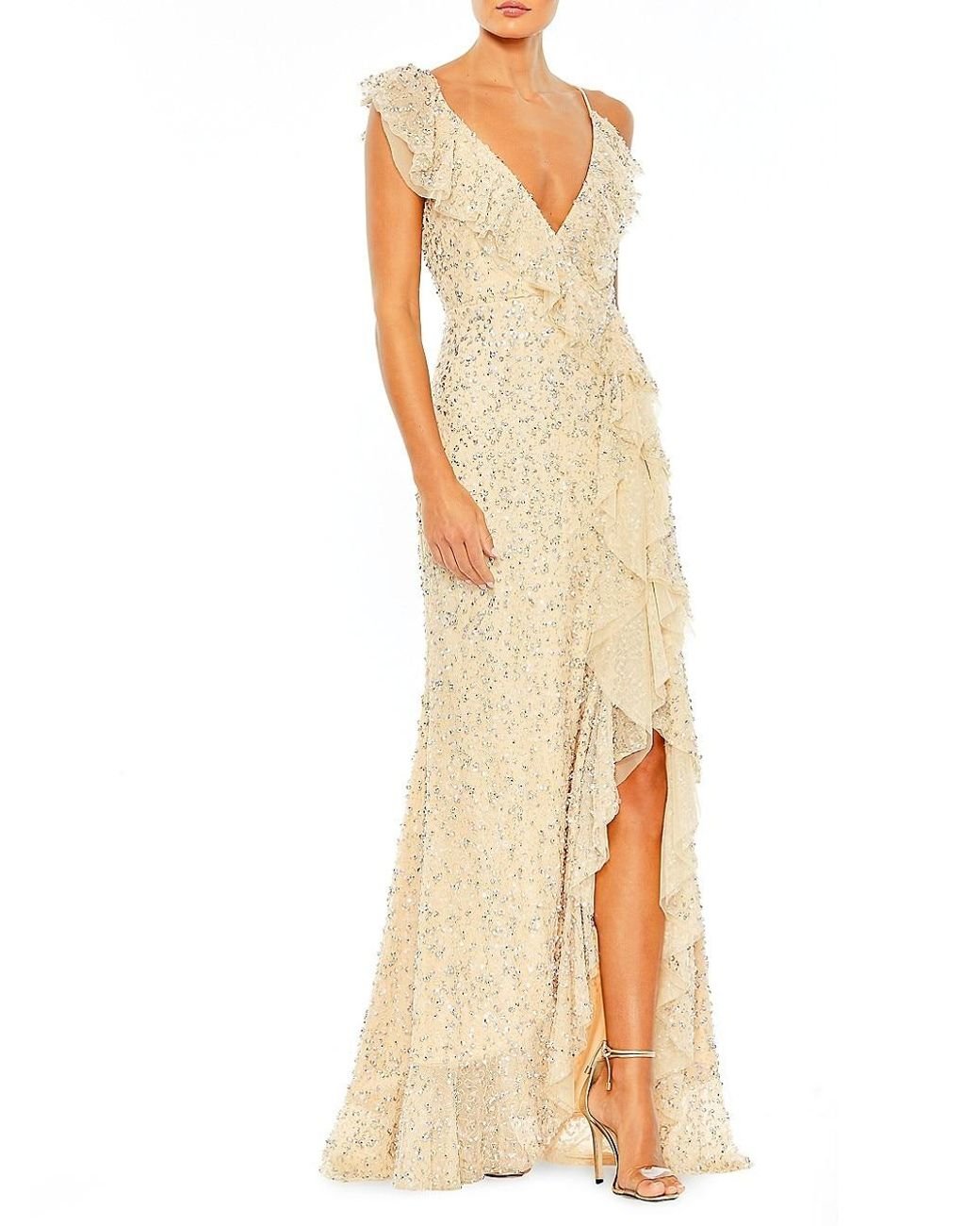 Mac Duggal Sequin Embellished Asymmetric Ruffle Gown In Natural Lyst