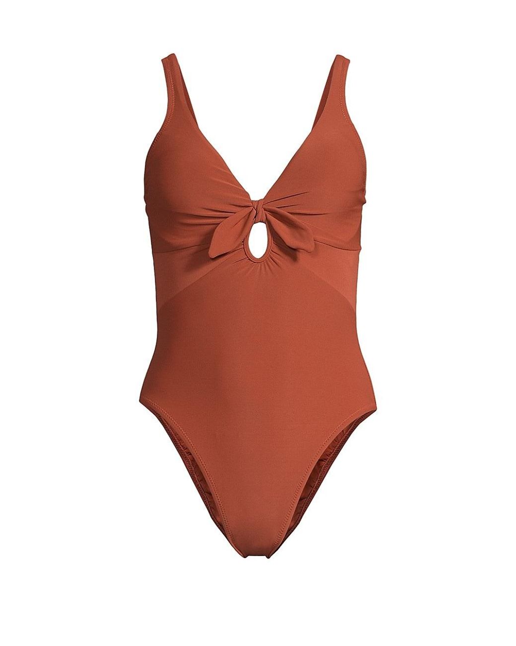 Robin Piccone Ava Plunge Bow One Piece Swimsuit In Brown Lyst