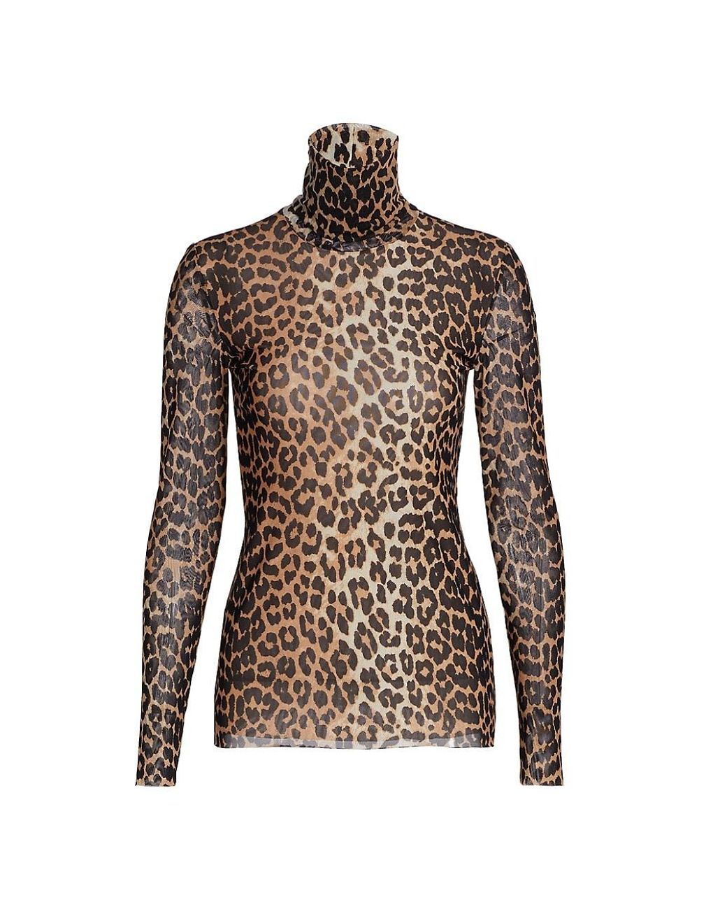 Ganni Synthetic Leopard Printed Mesh Turtleneck In Brown Lyst