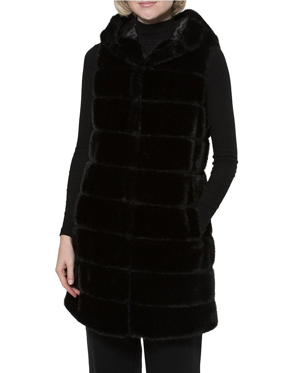 BELLE FARE BY MING YANG Faux Fur Hooded Vest in Black | Lyst