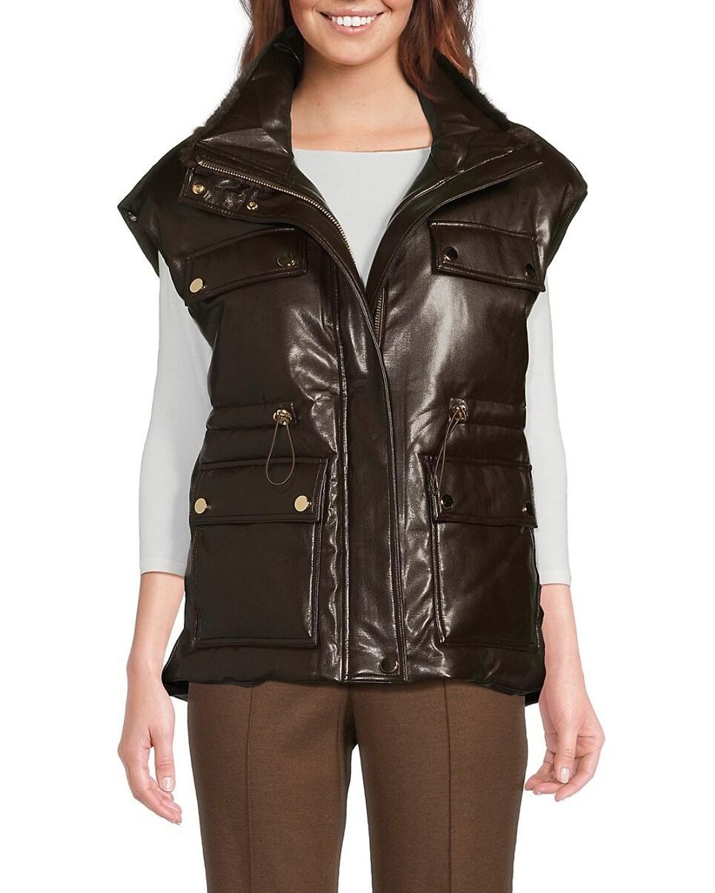 BELLE FARE BY MING YANG Faux Fur Trim Puffer Vest in Black | Lyst