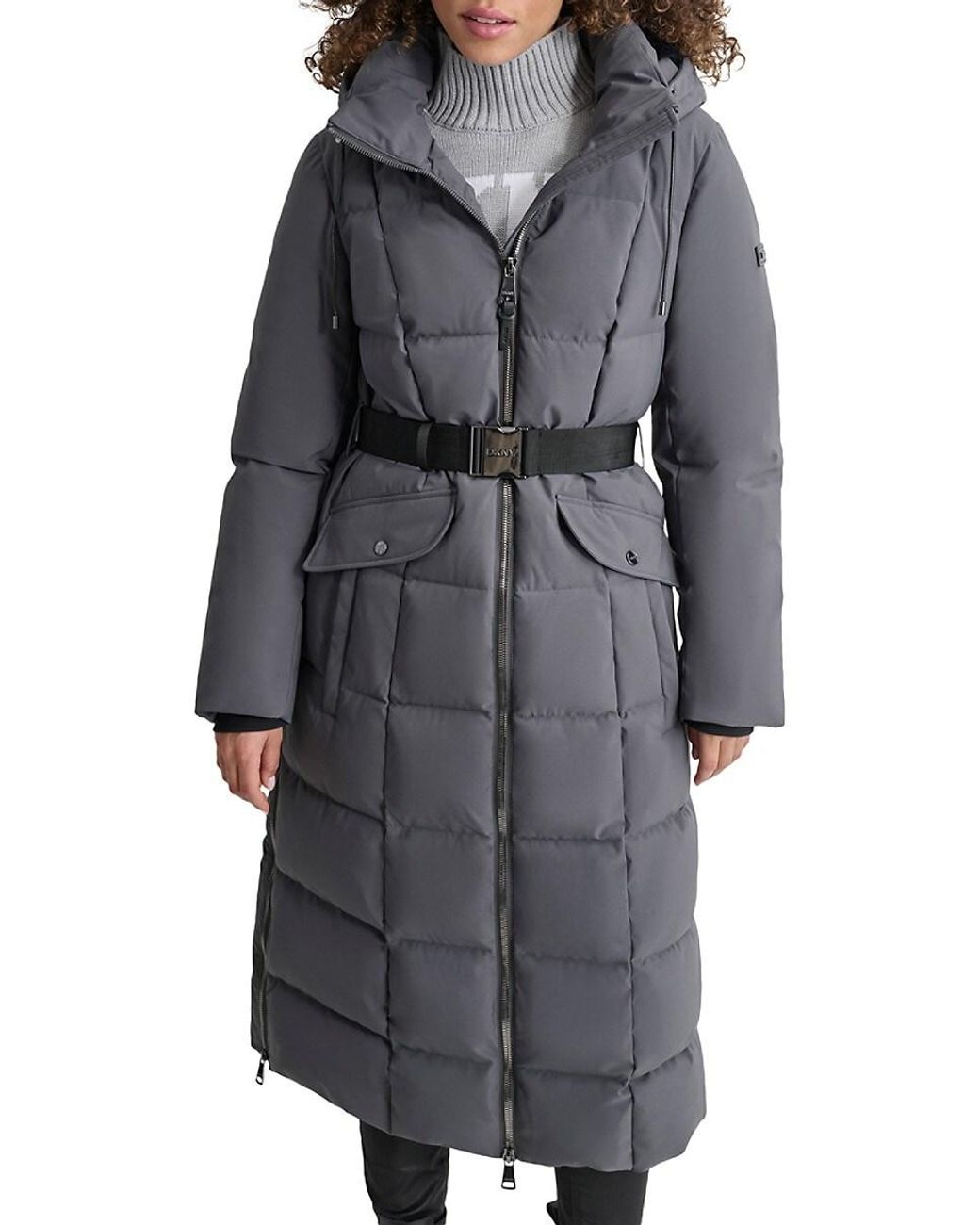 DKNY Belted Puffer Coat in Gray | Lyst