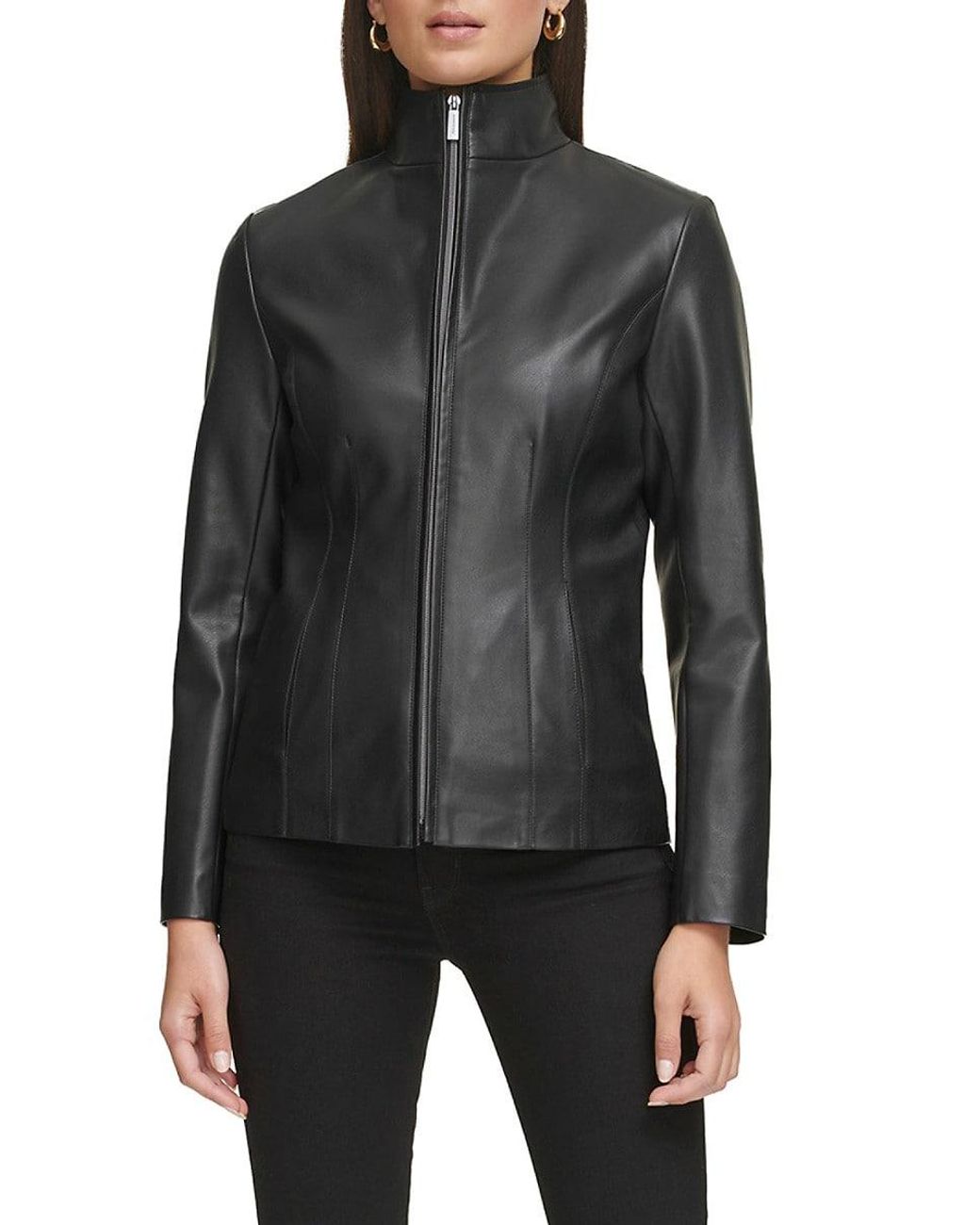Kenneth Cole Faux Leather Mockneck Racing Jacket in Black | Lyst