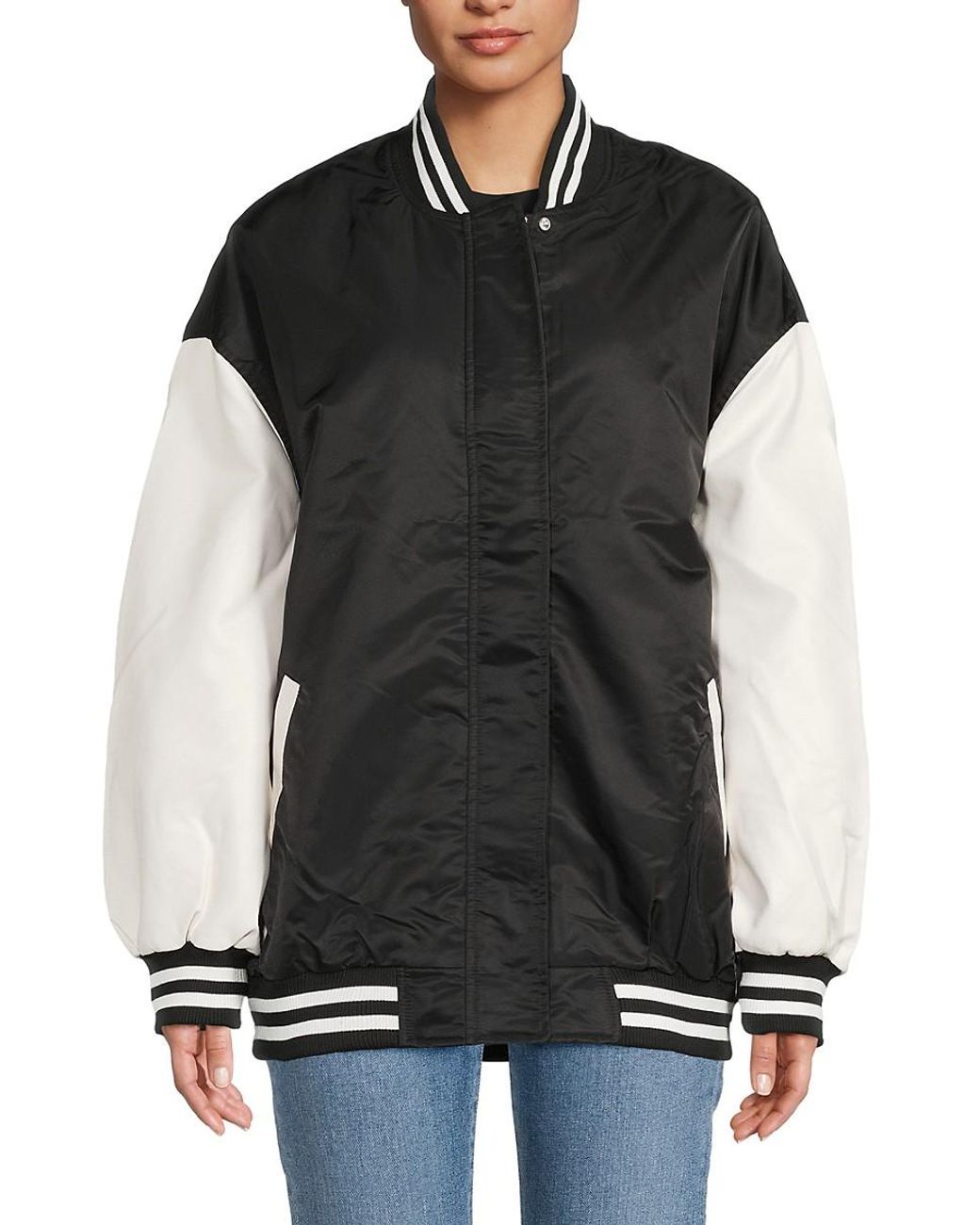 Hudson Jeans Baseball Collar Oversized Bomber Jacket in Black | Lyst