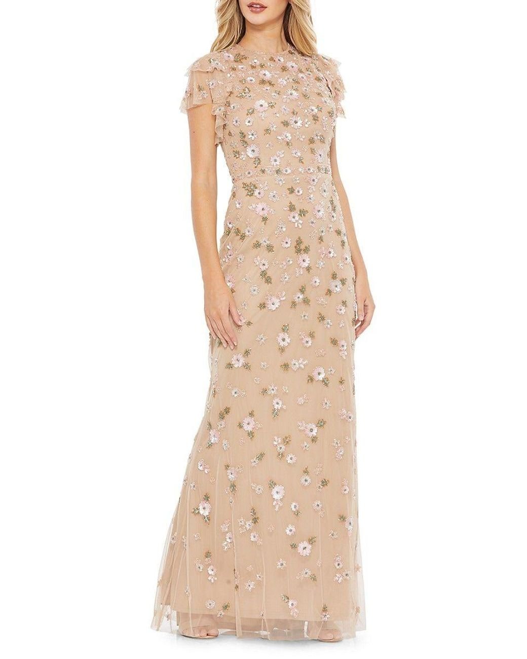 Mac Duggal Floral Embellished Flutter Sleeve Gown In Natural Lyst