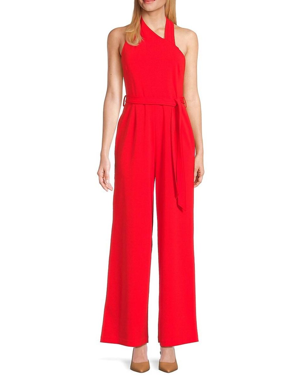 Calvin Klein Solid Belted Jumpsuit in Red | Lyst