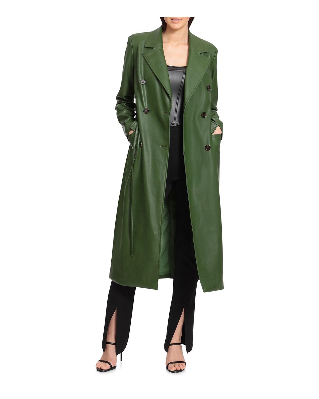 Avec Les Filles Belted Faux Leather Trench Coat In Green Lyst