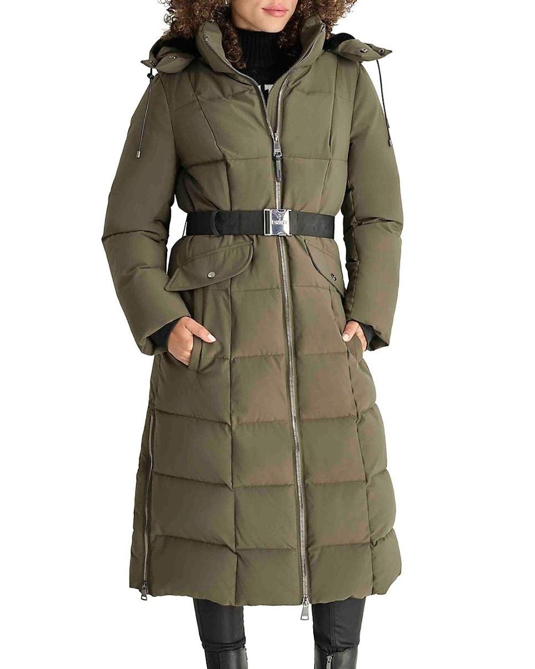DKNY Belted Puffer Coat in Gray | Lyst