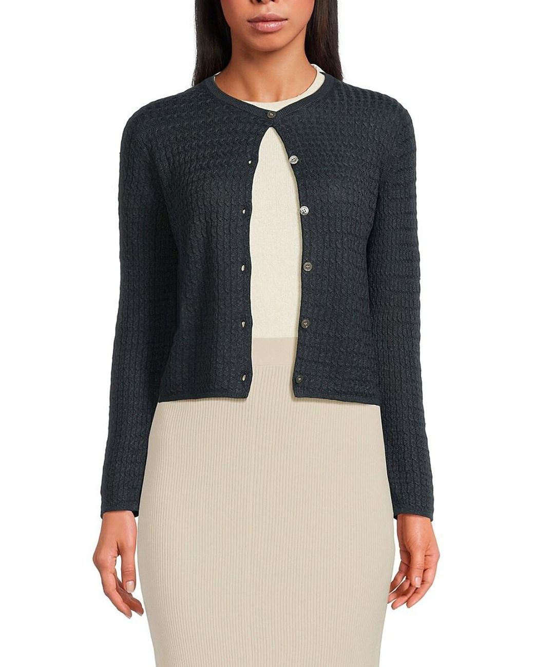 Theory Cable-Knit Linen-Blend Crop Cardigan in Blue | Lyst