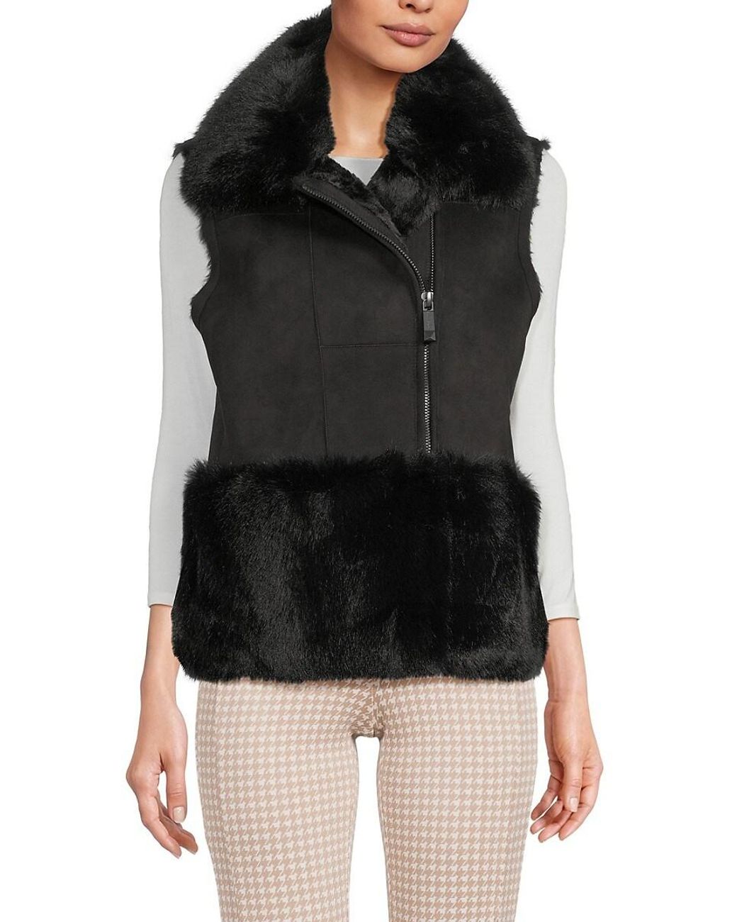 BELLE FARE BY MING YANG Faux Fur Trim Vest in Black | Lyst