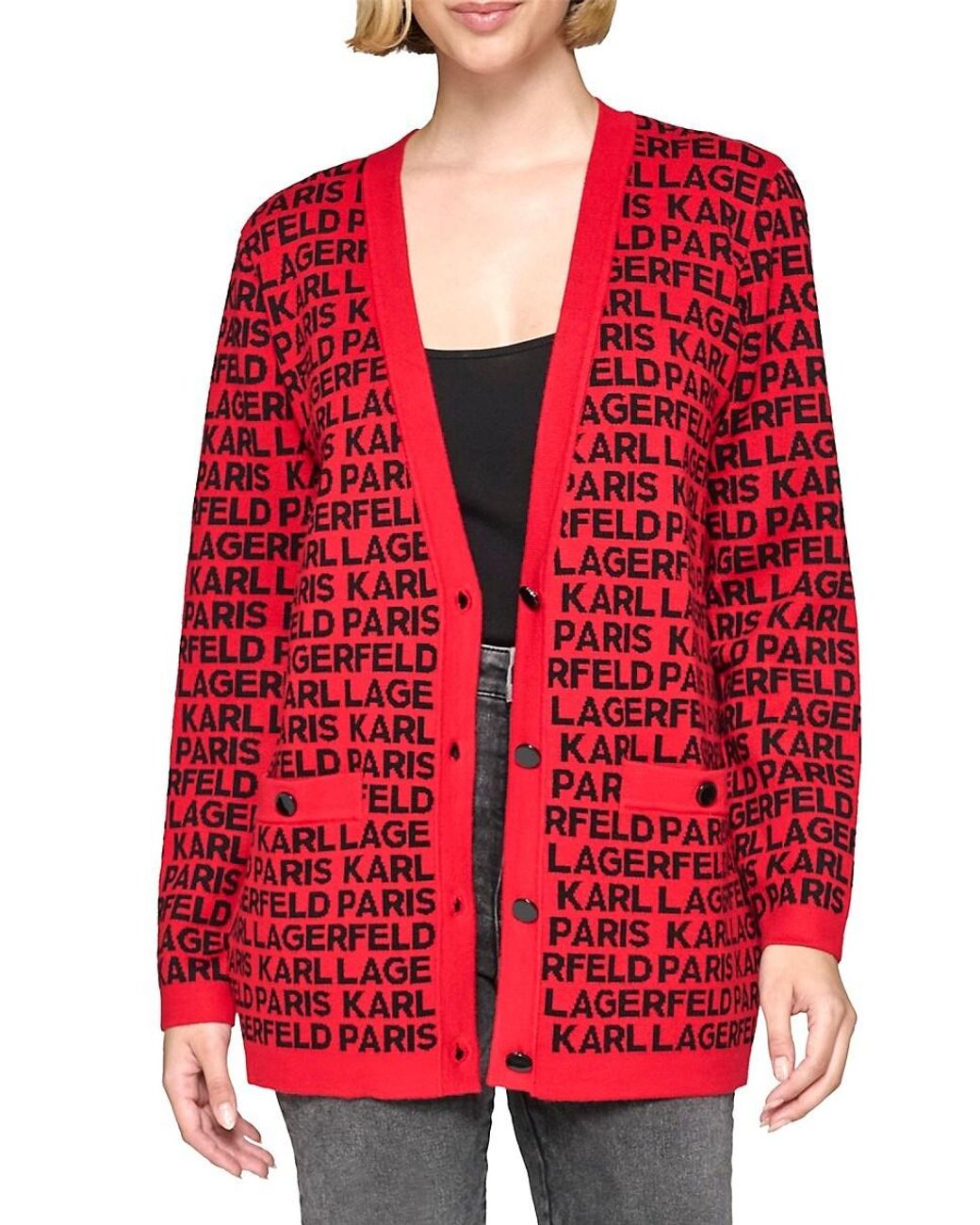 Karl Lagerfeld Logo Collarless Cardigan in Red | Lyst