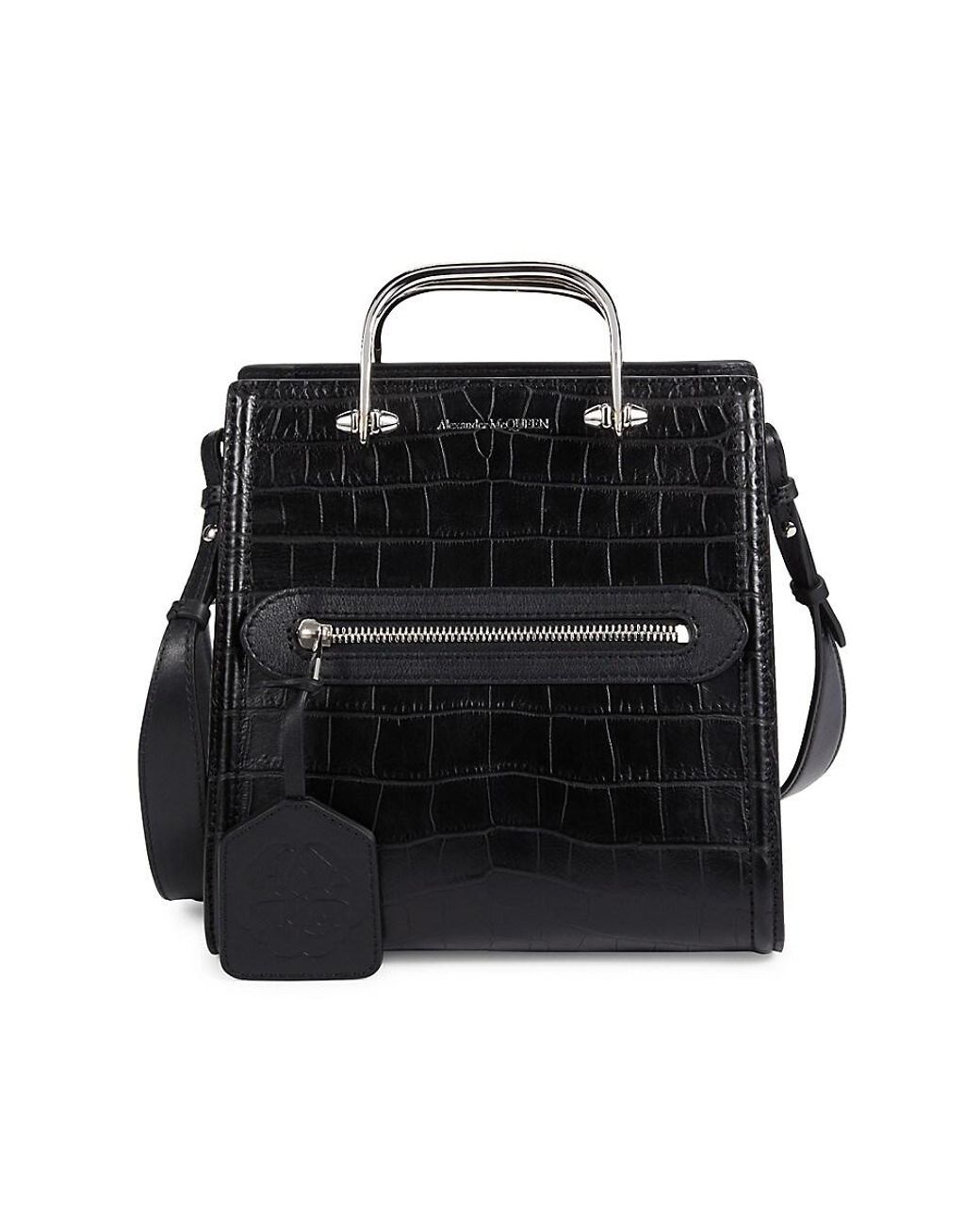 McQueen Short Story Croc Embossed Leather Top Handle Bag in Black | Lyst