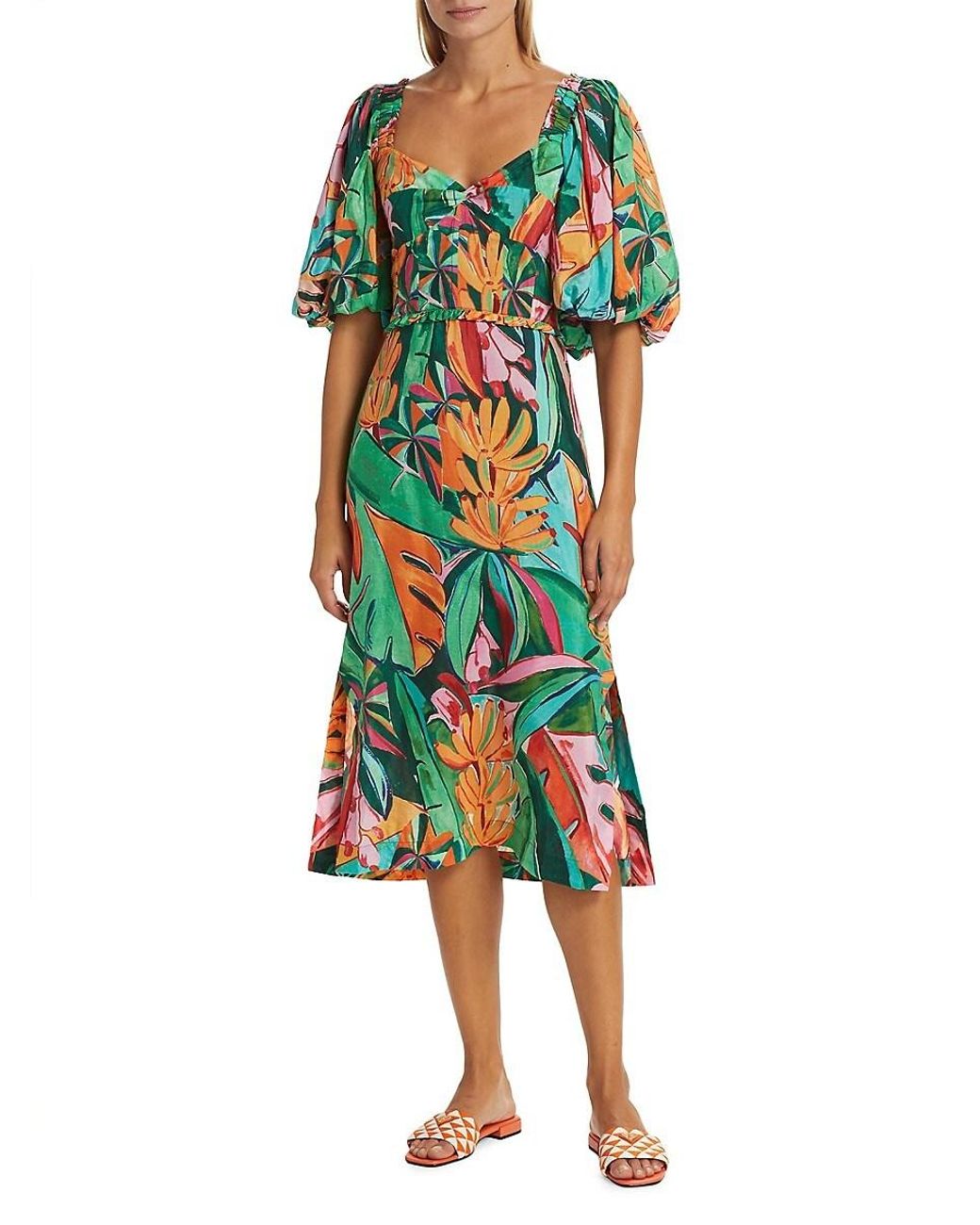 FARM Rio Banana Foliage Puff-Sleeve Cotton Voile Midi-Dress in Green | Lyst