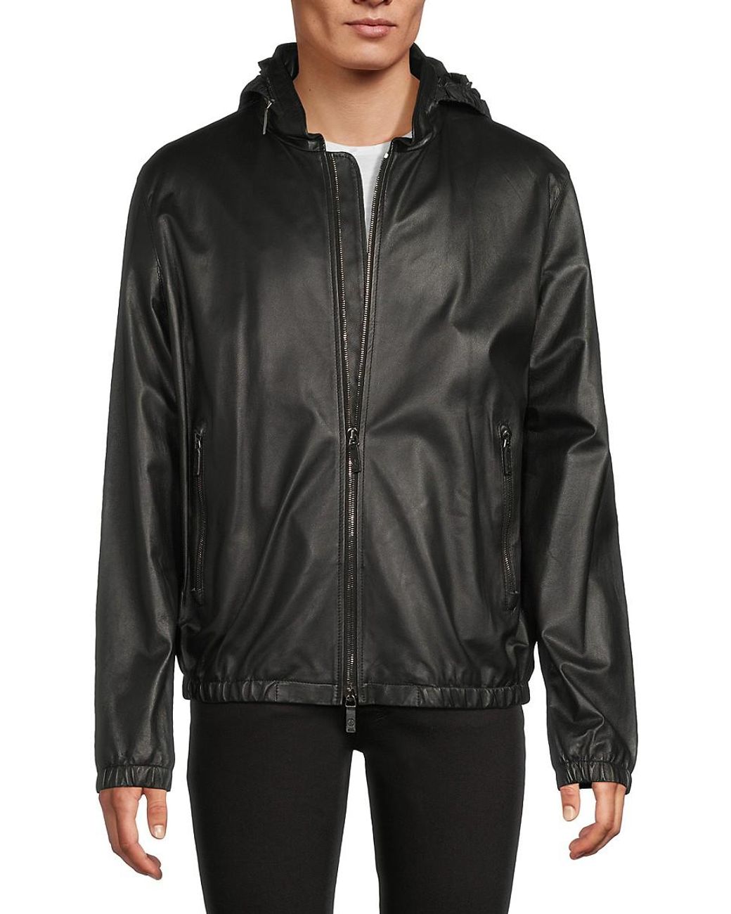 Giorgio Armani Hideen-Hood Leather Bomber Jacket in Black for Men | Lyst
