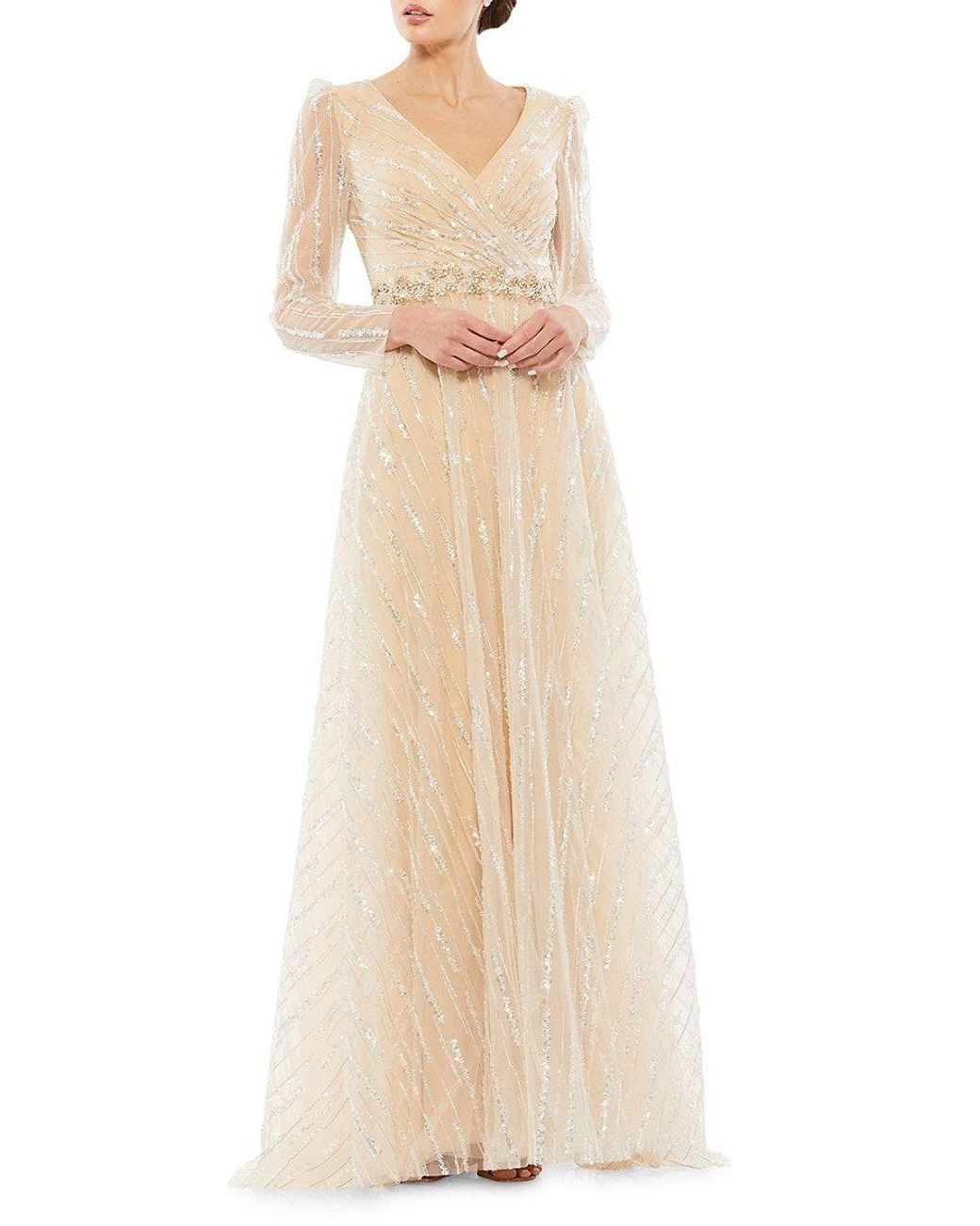 Mac Duggal Embellished Puff Sleeve A Line Gown In Natural Lyst