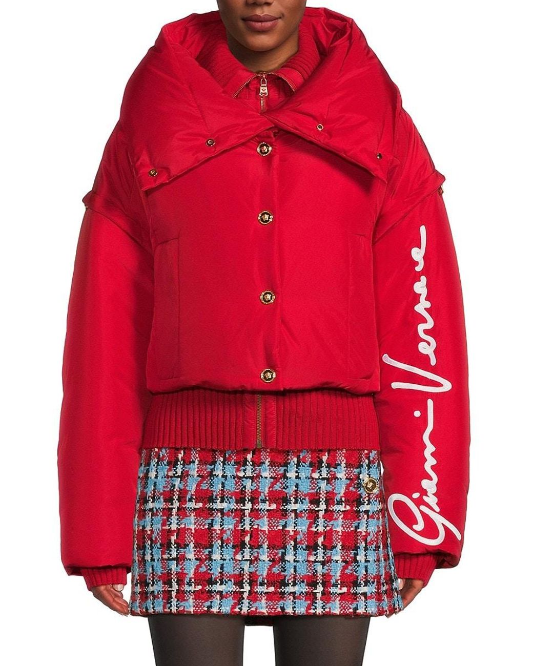Versace Logo Puffer Bomber Jacket in Red | Lyst