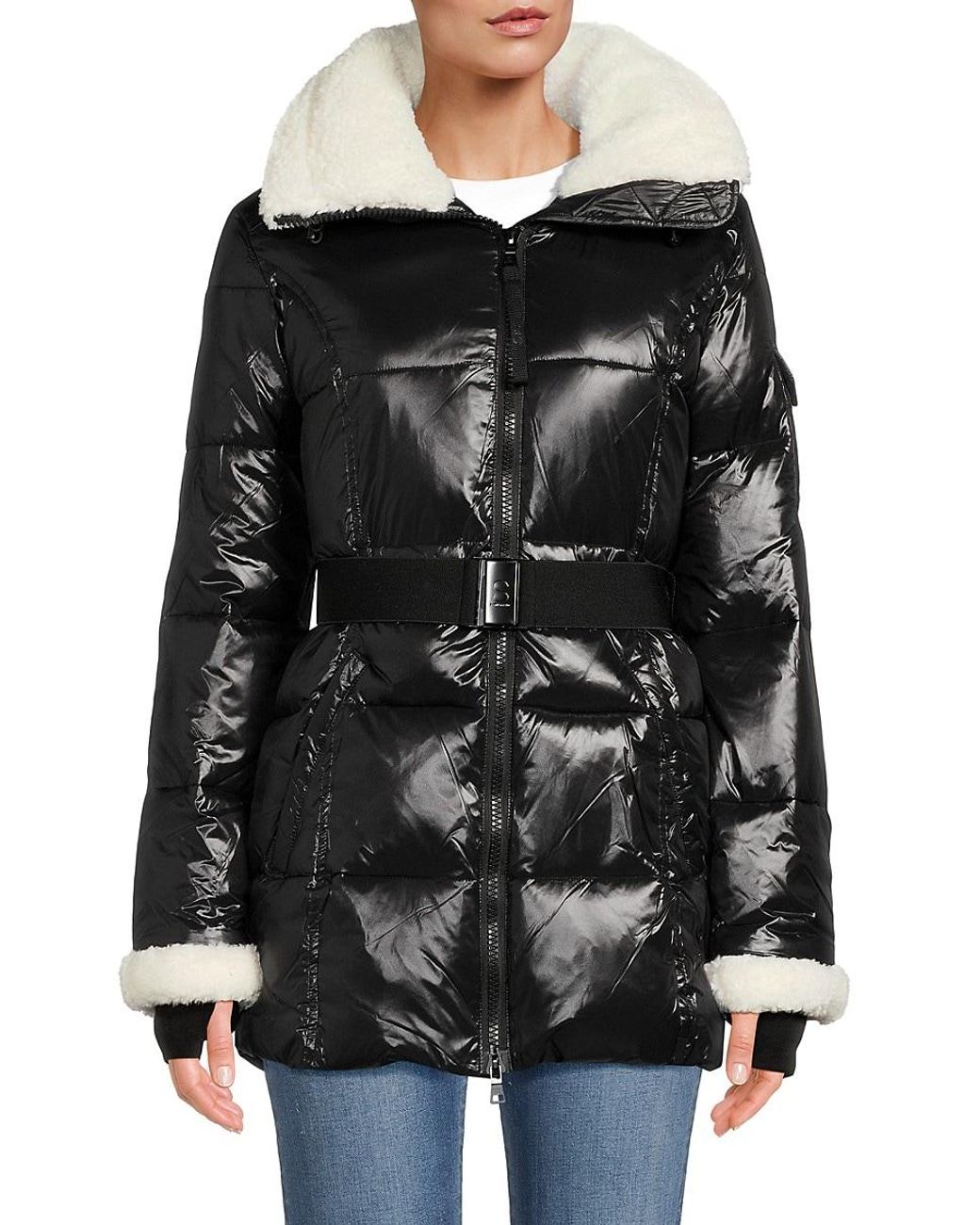 Sam. Faux Fur Trim Hood Belted Puffer Jacket in Black | Lyst
