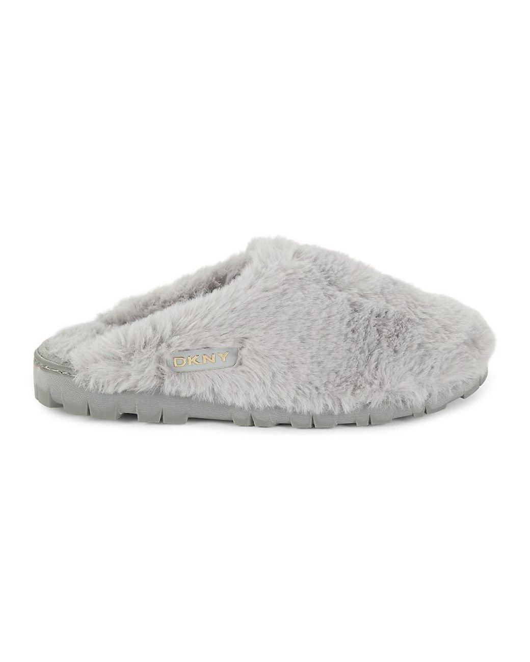 DKNY Jerra Faux Fur Slippers in Gray | Lyst