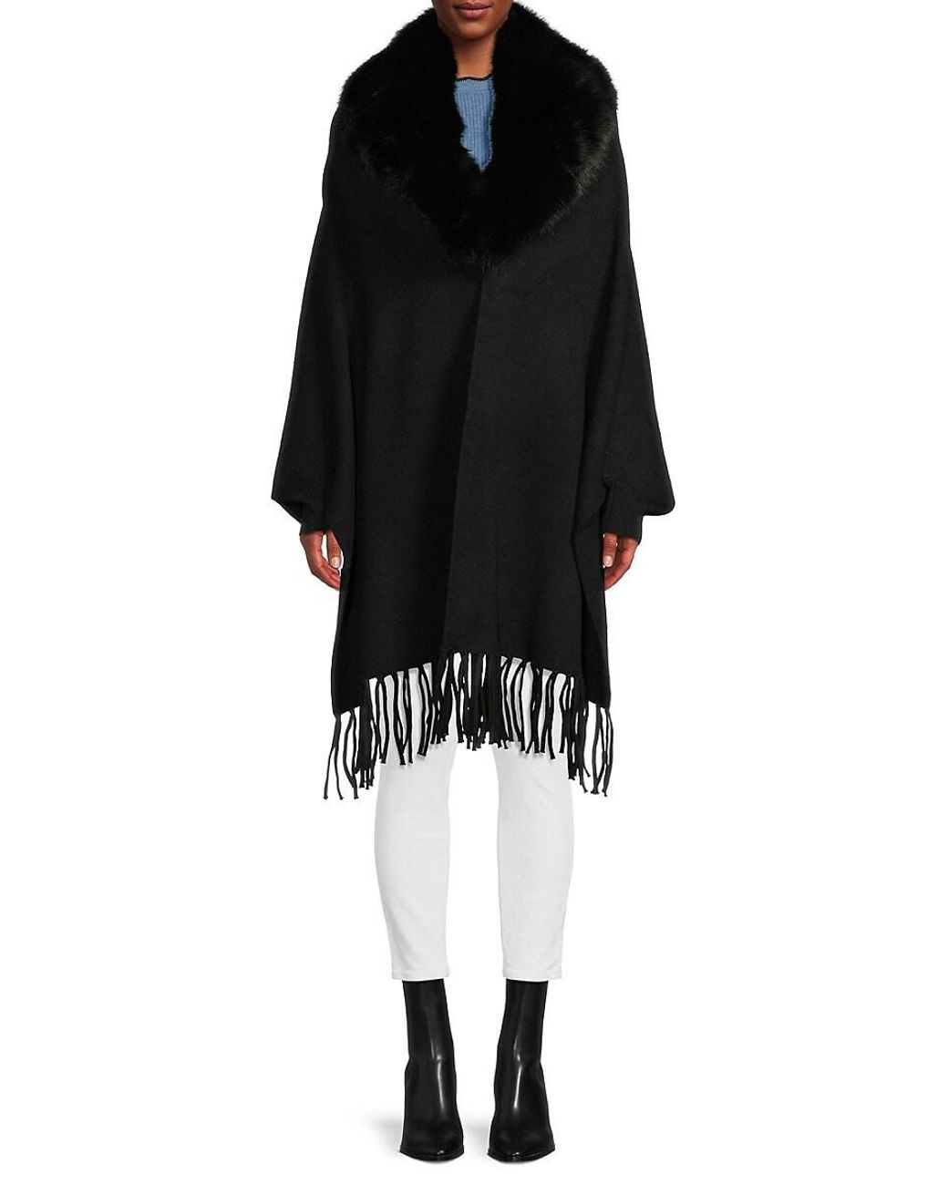BELLE FARE BY MING YANG Plaid Removable Faux Fur Collar Cape in Black ...