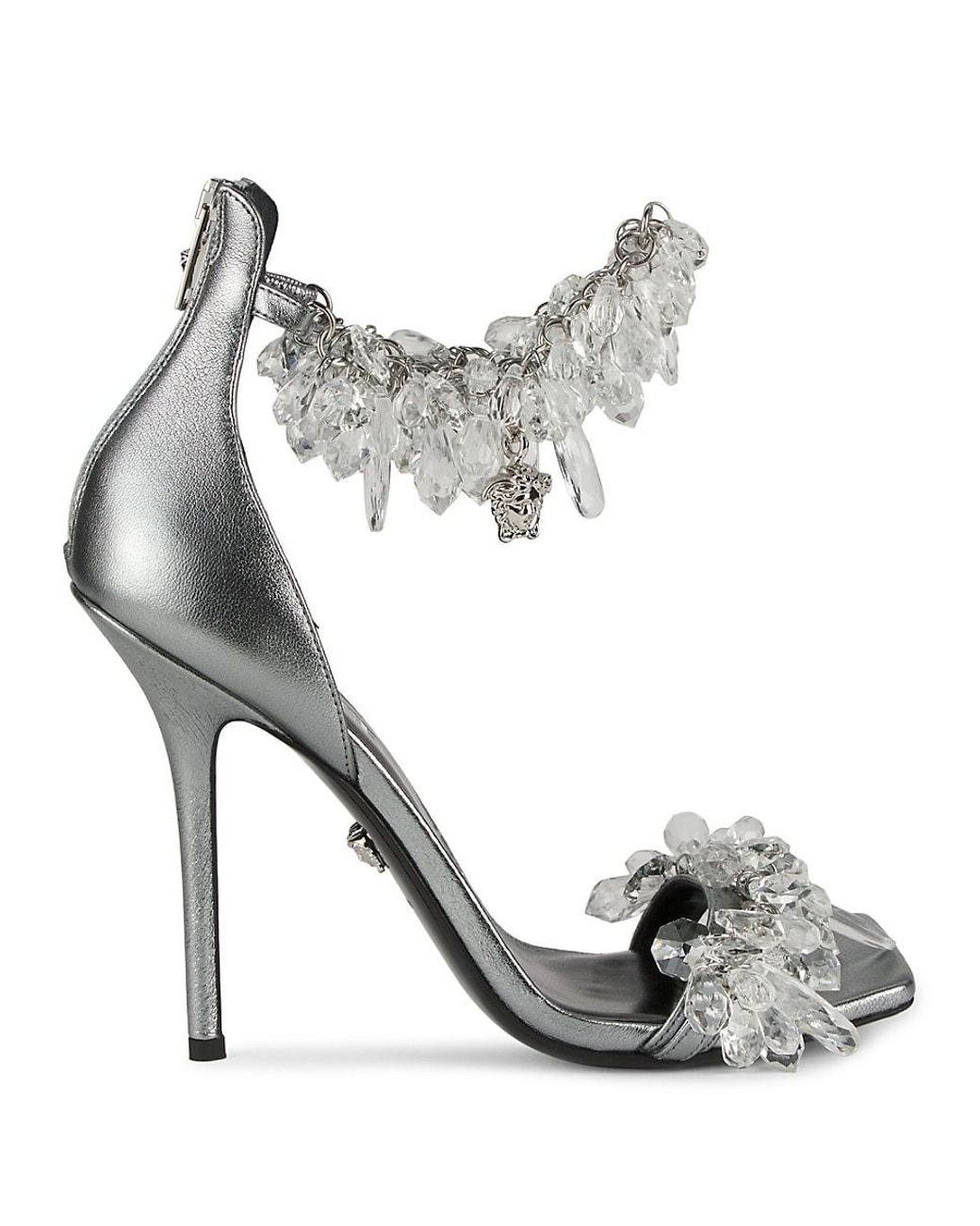 Versace 114Mm Crystal Leather Stiletto Sandals in Metallic | Lyst